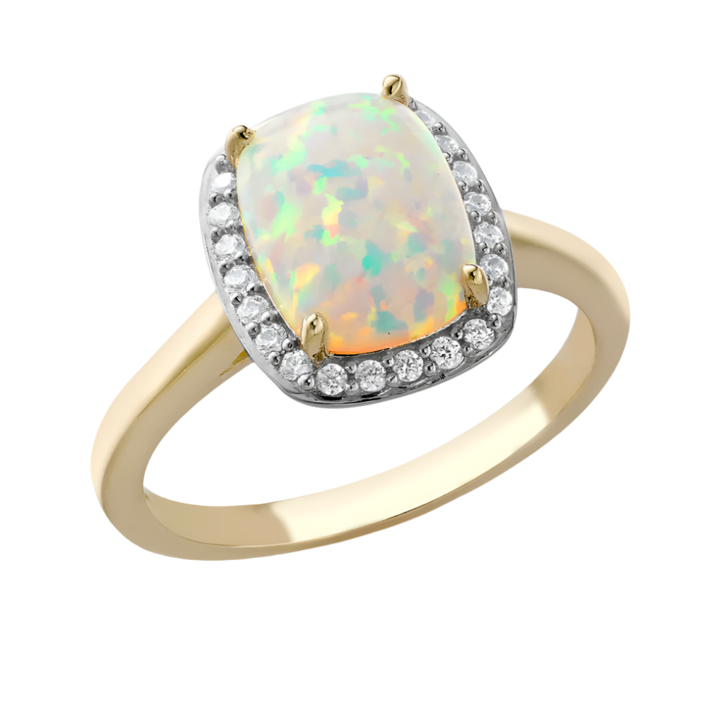 9ct Yellow Gold CZ and Synthetic Opal Open-Cathedral Halo Ring – Barnes ...